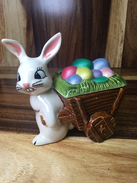 VINTAGE CERAMIC EASTER Bunny Rabbit Pulling Cart Egg Dish/Jar $14.99 ...