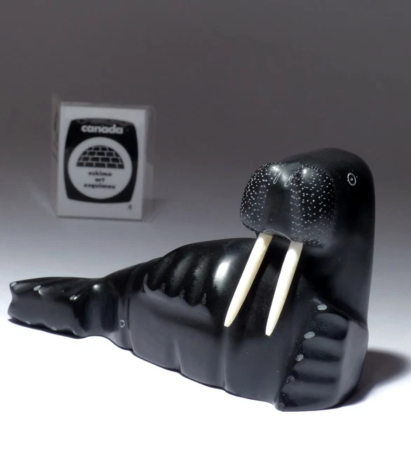 5& BLACK BASKING Walrus by Johnny Appaqaq Inuit eskimo art carving ...