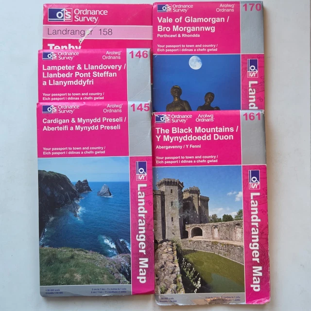 VINTAGE OS LANDRANGER 5 Map Set: Tenby, Black Mountains & South Wales ...