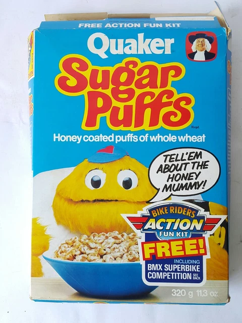 VINTAGE 1983 QUAKER SUGAR PUFFS Cereal Box Honey Monster BMX Bike ...