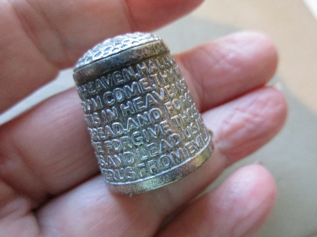 ANTIQUE VINTAGE LARGE Silver Tone Lords Prayer Sewing Thimble Fob Charm ...