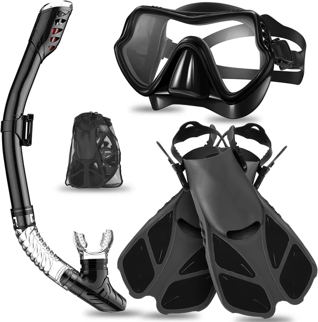 ADULT SNORKEL SET Mask Fins Dry Top Snorkel Panoramic Diving Gear Bag ...