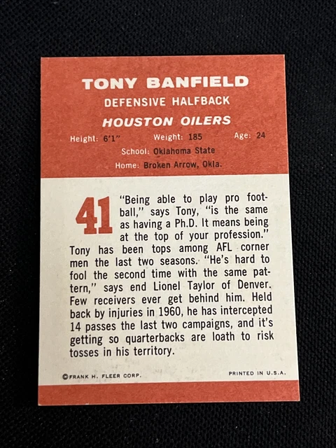 CARTE AUTOGRAPHE SIGNÉE Tony Banfield 1963 Fleer #41 Houston Oilers EUR ...
