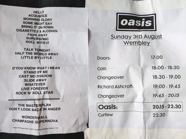 OASIS SETLIST & Stage Times, Wembley Stadium, London, 3rd August 2025 £ ...