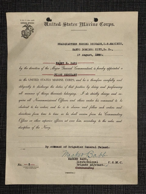 RARE FIRST SERGEANT USMC Promotion Warrant WW1 1920 Dominican Republic ...