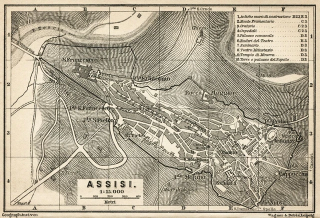 PIANTA DI ASSISI. Carta topografica,mappa.+ Passepartout. Stampa antica ...