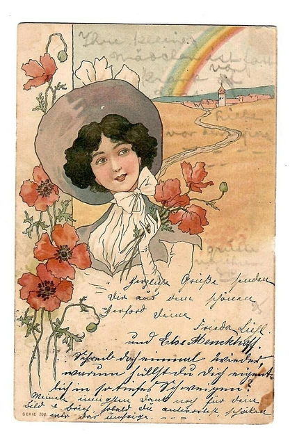 CARTOLINA ARTISTA, ART Nouveau Donna Con Cappello, Papaveri Del 1900 (K ...