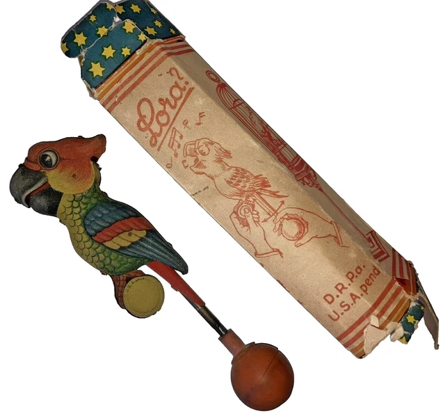 VINTAGE 1940-50 GERMAN TIN TOY PARROT BIRD LORA LOLA WITH BOX US Zone ...