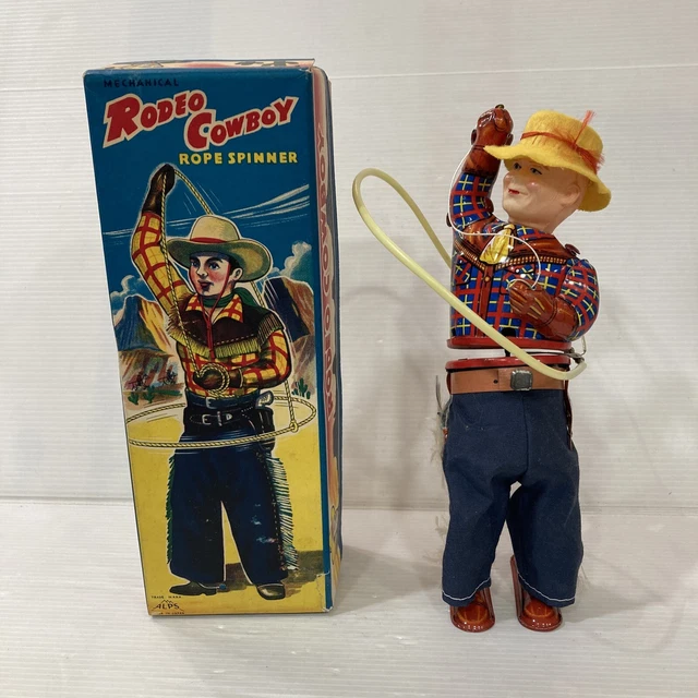 TOY OLD MECHANICAL Rodeo Cowboy Rope Spinner ALPS Japan IN Box Tin Toy ...