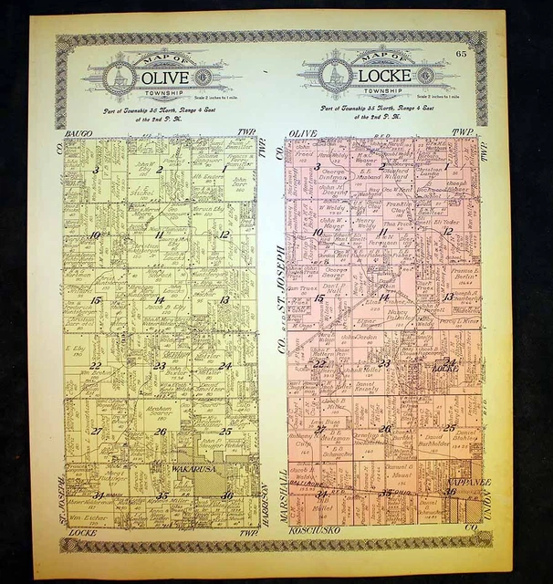 CLEVELAND AND BAUGO Townships 1915 Plat Map Elkhart County Indiana £17. ...