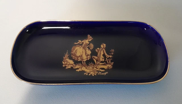 LIMOGES CASTEL FRANCE Oblong Shaped Cobalt Blue 22K Gold Pin Dish 170mm ...