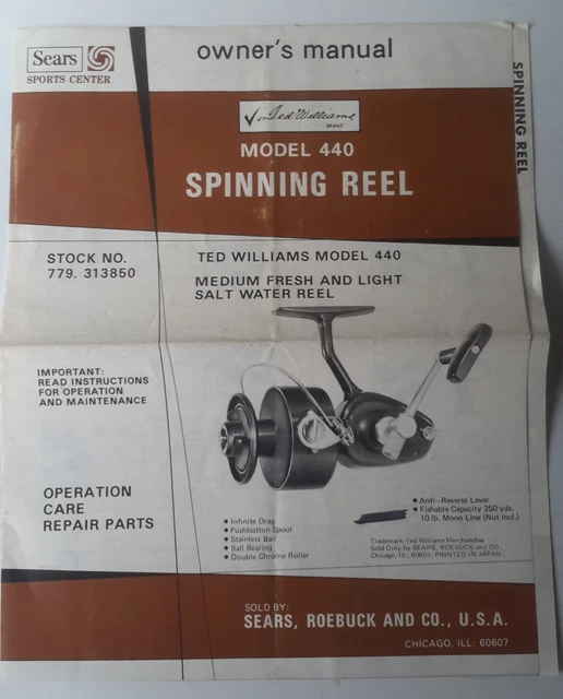 VINTAGE SEARS TED WILLIAMS Model 440 Spinning Reel Owner’s Manual ONLY ...
