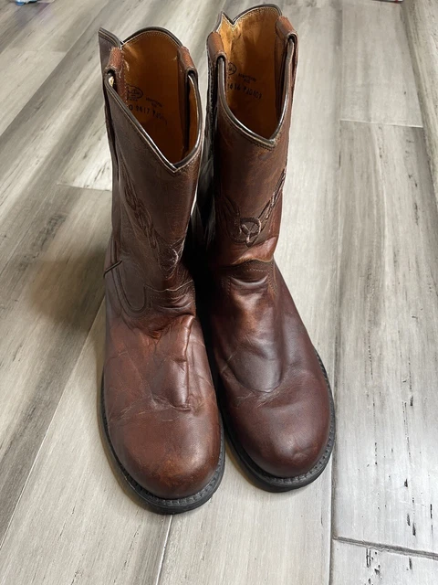 MEN'S JUSTIN LEATHER Cowboy Boots Embroidered Round Toe Brown Size 10 £ ...