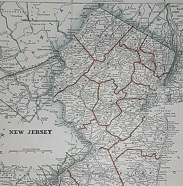 OLD ANTIQUE 1891 Railroad & County Map ~ NEW JERSEY ~ Vintage ...