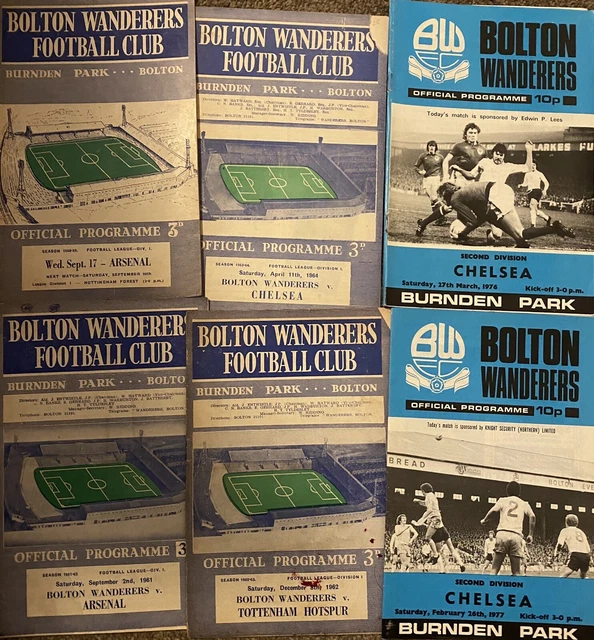 6X BOLTON WANDERERS Football Programmes 1950s & 60s (v Chelsea, Arsenal ...