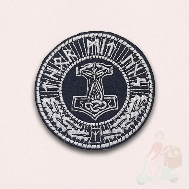 THORS HAMMER MJOLNIR Round Biker Skinhead Iron on Sew on Embroidered ...
