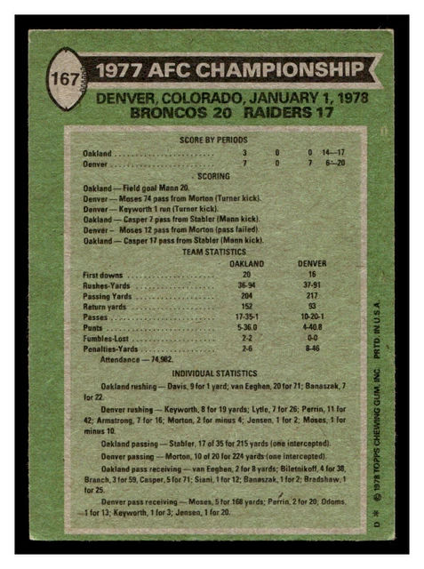 1978 TOPPS #167 1977 AFC Championship CCG Denver Broncos / Oakland ...