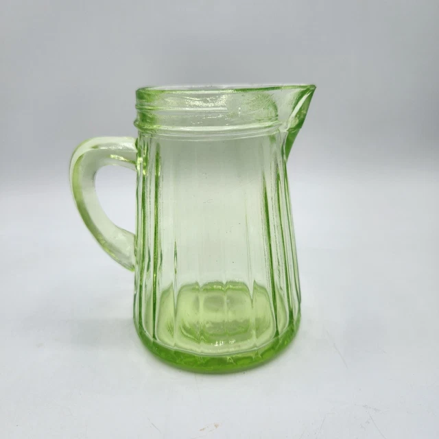 VINTAGE GREEN DEPRESSION Vaseline Uranium Glass Syrup Pitcher 4 1/4" No ...