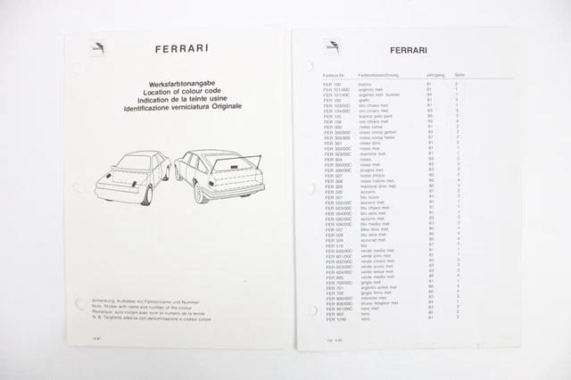 1987-89 FERRARI GLASURIT Paint Color Sample Chart Code Sheets £1,500.00 ...