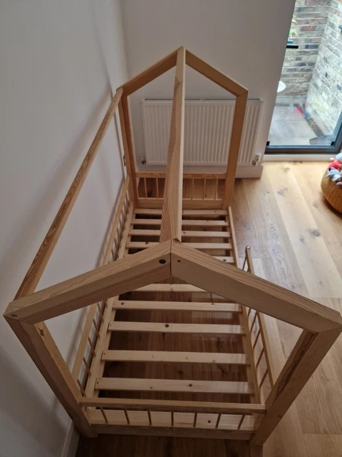 JUNIOR KIDS WOODEN House Bed With Guard Rail - Natural Pine | 160 cm x ...