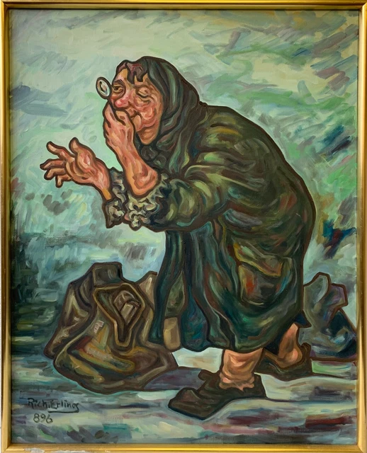 ÖLBILD EXPRESSIONIST ALTE Frau mit Lupe Richard Erling Dänemark 94,3 x ...