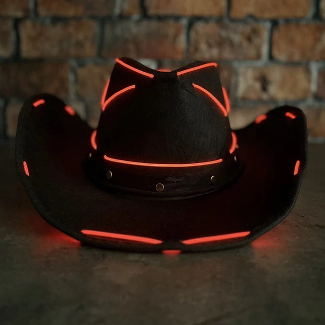 BLACK COWBOY HAT - Red Neon LED Strips £21.43 - PicClick UK