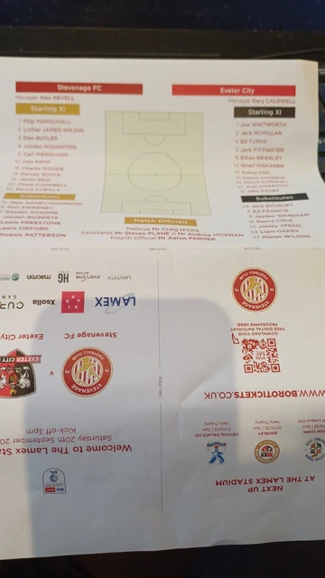 STEVENAGE V EXETER City, 2025-26, teamsheet, no programme issued £3.30 ...