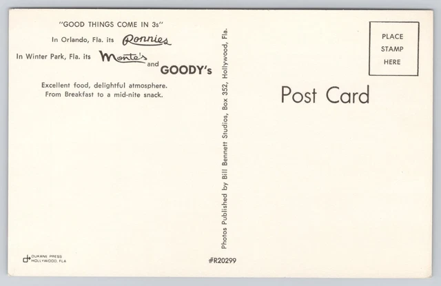 VINTAGE RONNIE'S COFFEE Shop & Monte's Restaurant Photochrome Postcard ...