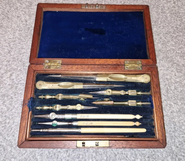 ANTIQUE MAHOGANY CASED Set Technical Drawing Instrument Set - E U ...