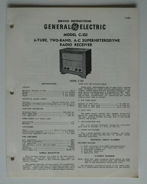 GE GENERAL ELECTRIC Models C-352 Radio Receiver Manual January 1950 $15 ...