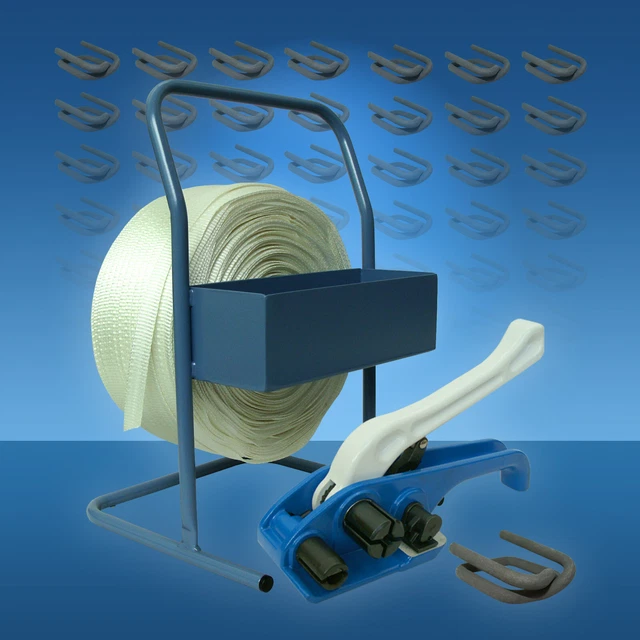 UMREIFUNGSSET 25 MM gewebt HD Umreifungsband Abroller Umreifungsgerät Klemmen EUR 170,17 ...