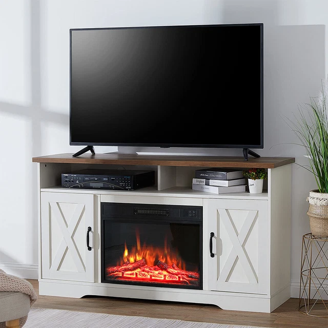 TV STAND CABINET Unit Table with Electric Fireplace Insert Fire Log ...