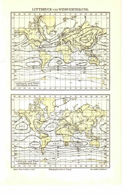 ANTIQUE MAP. THE WORLD MAP OF AIR PRESSURE & WIND DISTRIBUTION. c 1905 ...