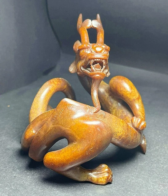 4.9& CHINESE MARKED Old Hetian Yellow Jade Carving Fengshui Dragon ...