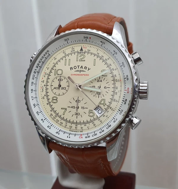 ROTARY MENS WATCH Cream dial Chronograph Chronospeed Tan Brown strap ...