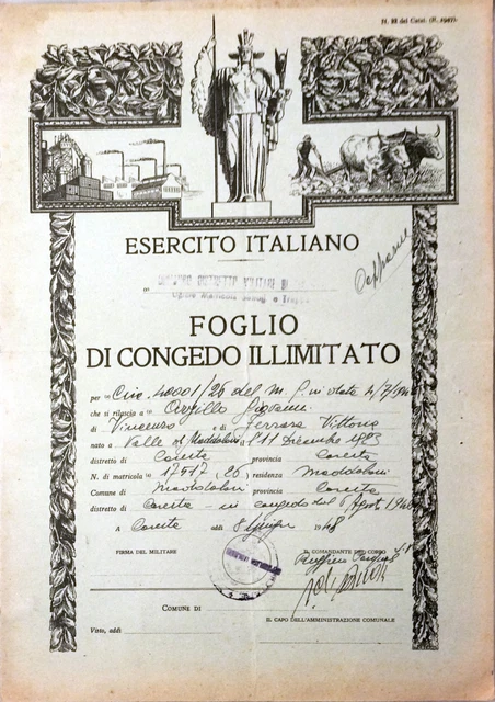 ESERCITO ITALIANO FOGLIO di congedo Illimitato. 1948 EUR 3,00 - PicClick IT