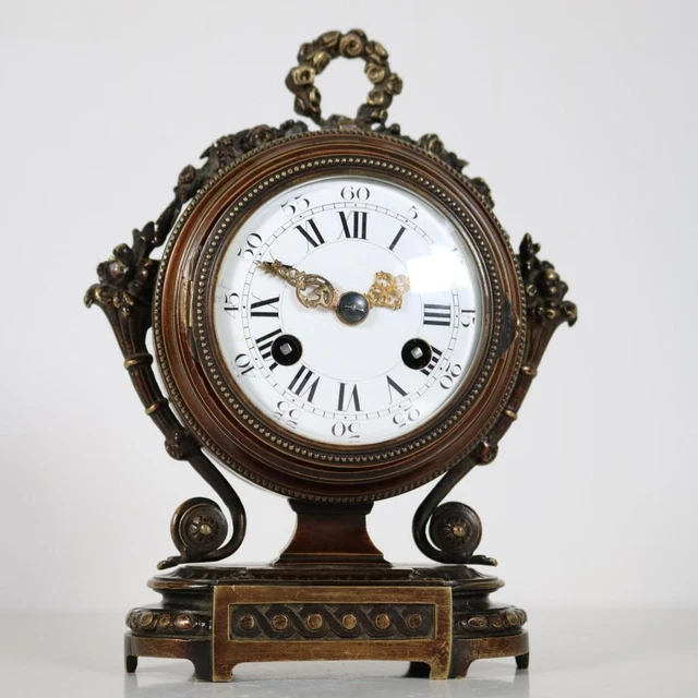 SUPERB SMALL ANTIQUE FRENCH MANTEL CLOCK bell strike BRONZE CASE ...