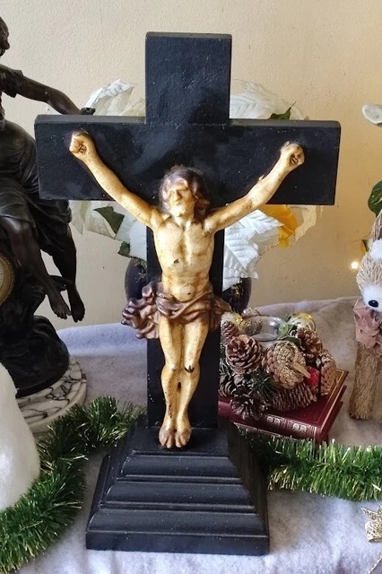 ANCIEN GRAND CRUCIFIX Bois Noir Jesus Christ Janseniste Metal Peint ...