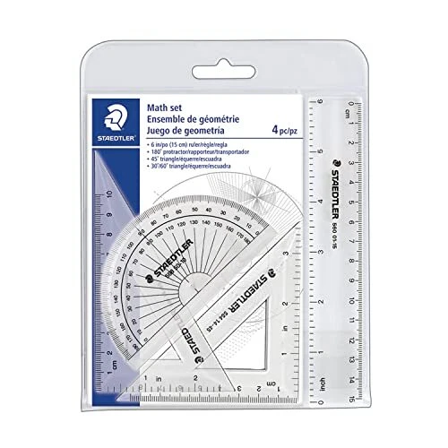 MATH SET WITH Ruler, 2 Triangles, Protractor, portable 4 piece, 569 WP4 ...