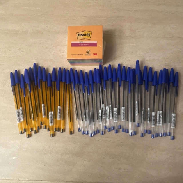 BIC CRISTAL BIROS Medium & Fine Ball Pens BLUE x 40 Plus Post-it notes ...