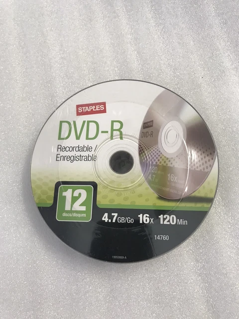 NEW DVD-R RECORDABLE Discs 12 Pack 4.7 GB 120 Min 16x Speed Staples ...