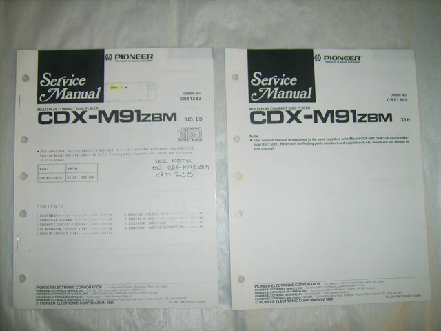 PIONEER CDX-M91 ORIGINAL Factory Paper Service Manuals CRT1292, CRT1300 ...