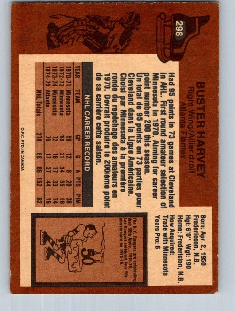 VINTAGE HOCKEY CARD Opc 1975 Atlanta Flames Buster Harvey No26 $4.00 ...