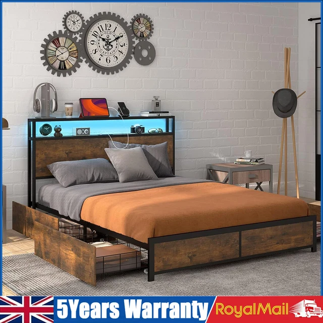 LUXURY UK 4FT6 Size Bed Frame LED Light Headboard With Socket & 4 ...