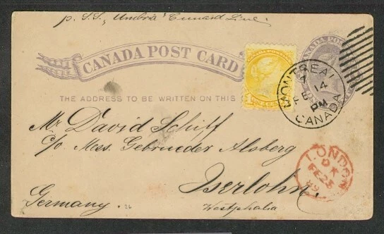 CANADA 1 CENT Qv Montreal 1899 Uprated Postal Card To Germany Per "Ss ...