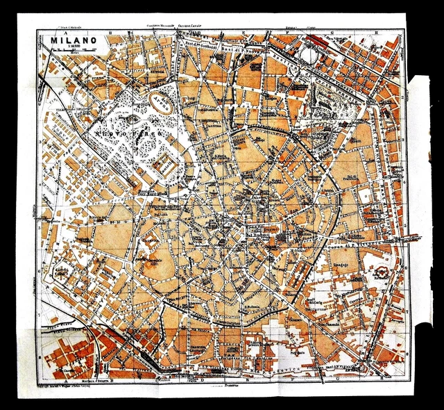 1909 ANTIQUE GEOGRAPHICAL Print: Topographic Map City Of Milan 1:16500 ...