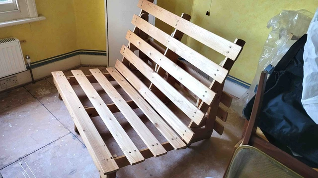 TWO-SEATER WOODEN PINE folding futon frame (no mattress), used, good ...