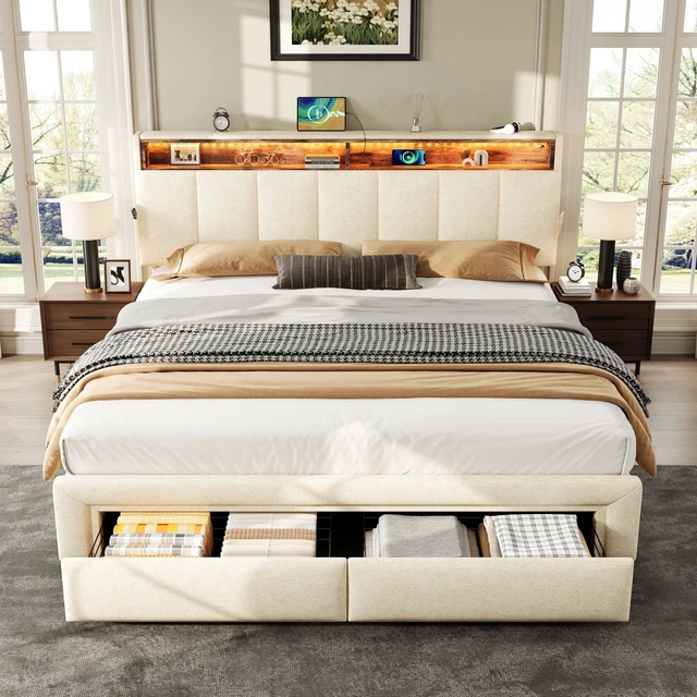 UPHOLSTERED STORAGE BED Frame with Hydraulic Lift, Drawer and Headboard ...