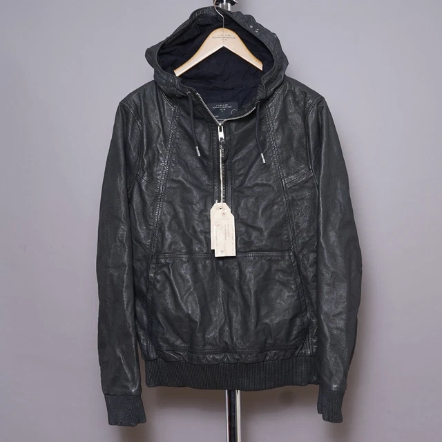 ALL SAINTS ZONE Leather Jacket LARGE Black Mens Hoodie Celebrity Biker ...
