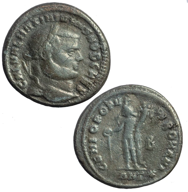 ROMAN COIN OF Galerius Maximianus. Genius spills liquor from a patera £ ...
